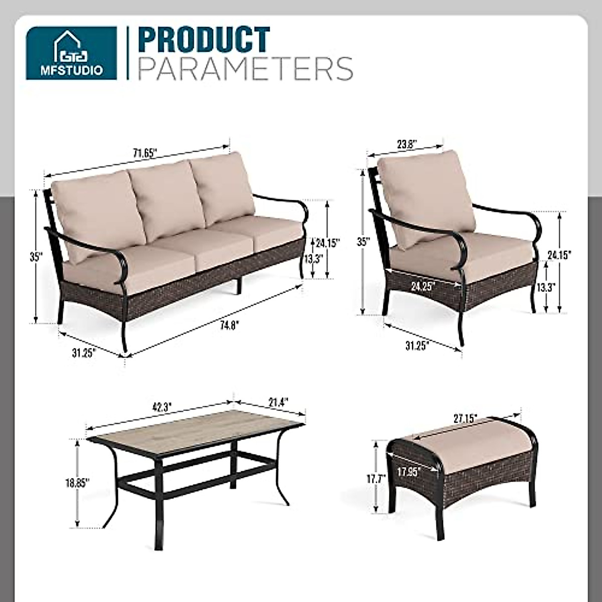 MFSTUDIO Outdoor Patio Furniture Set, 3-Seat Metal Patio Conversation Sofa, Outdoor Rattan Wicker Conversation Sofa Set with Cushion for Garden Porch Poolside,450 LBS