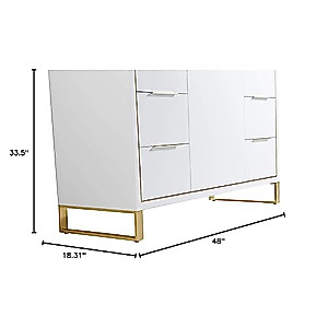 Fine Fixtures Opulence Collection 48 in. W x 20 in. D x 33 in. H Bathroom Vanity in White Matte with White Ceramic Sink - Satin Brass Hardware