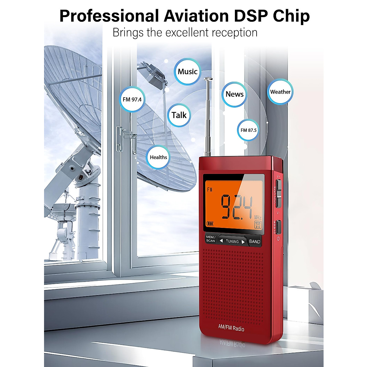 AM FM Portable Radio Personal Radio with Excellent Reception Battery Operated by 2 AAA Batteries with Stero Earphone, Large LCD Screen, Digtail Alarm Clock Radio(Red)