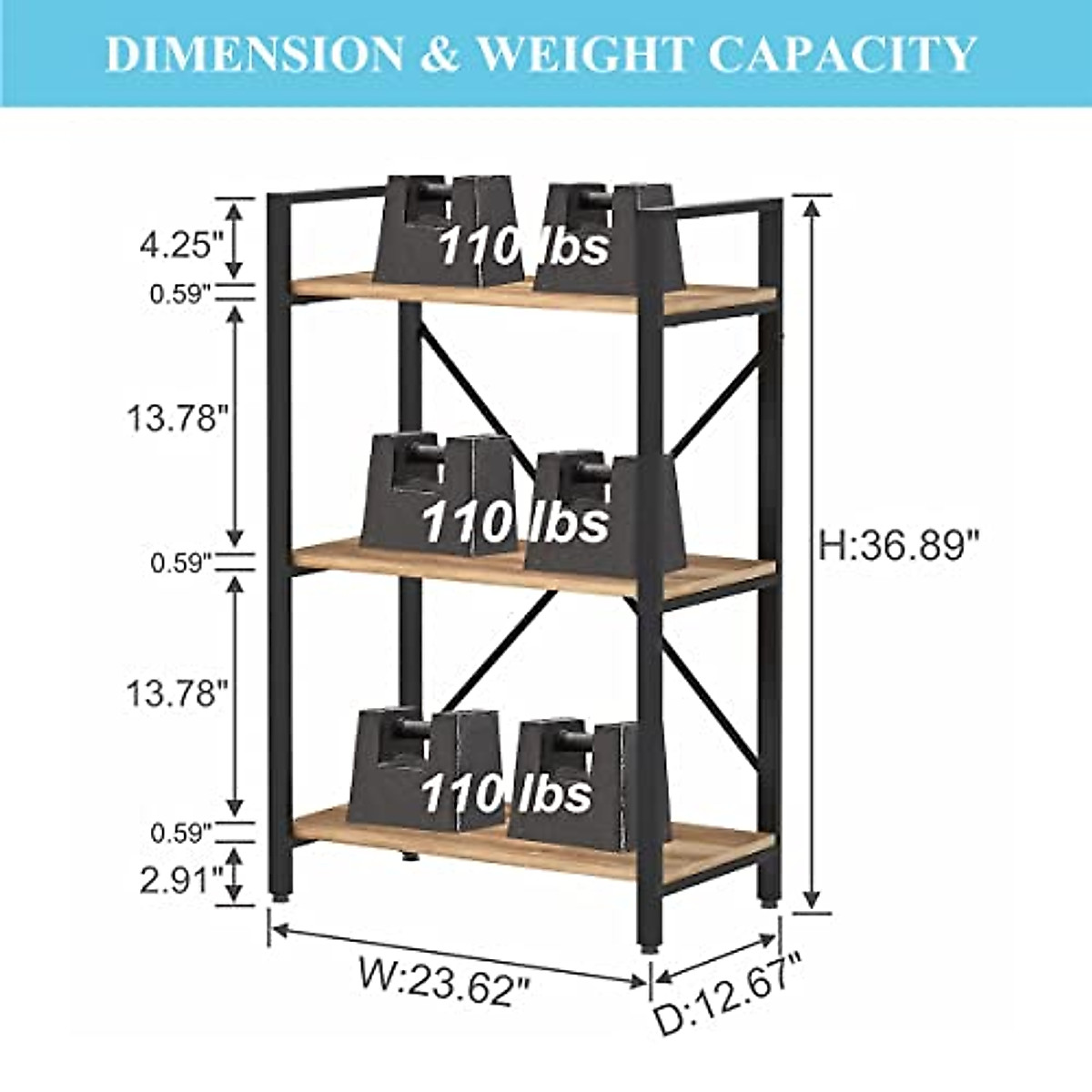 BON AUGURE Industrial 3 Tier Bookshelf, Rustic Small Book Shelves for Small Space, Short Wood Metal Etagere Bookcase (Vintage Oak)