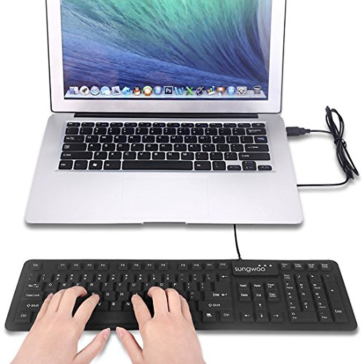 sungwoo Foldable Silicone Keyboard USB Wired Standard Keyboard Waterproof Rollup Keyboard for PC Notebook Laptop, Full Size (Black)