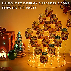 Cupcake Stand - Premium Cake Pop Holder - Cakes Dessert Display Stands for 16 Cupcakes + LED Yellow Light String - Ideal for Weddings, Birthday Parties, Candlelight Dinner