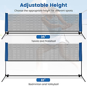 GYMAX Badminton Net, Height Adjustable Tennis Net Set w/Poles, 2 Birdies & Carry Bag, Easy Setup Pickleball Net Sports Net，Portable Volleyball Net for Indoor & Outdoor Game Beach, Backyard (13.8 FT)