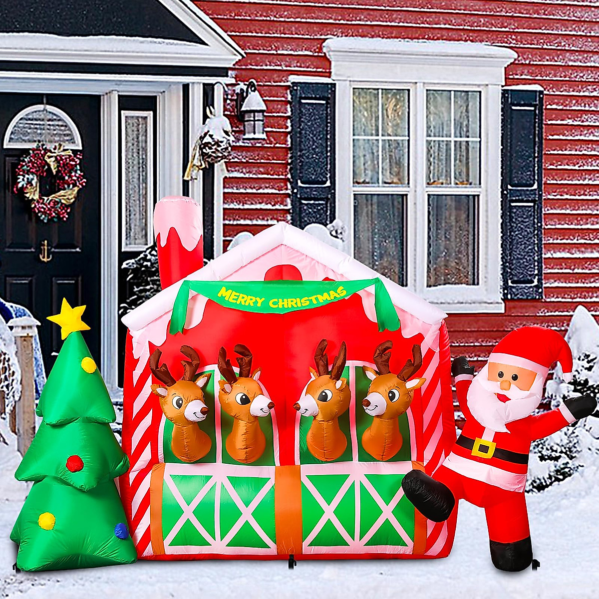 9 Ft Long Large Christmas Inflatable Santa Claus in Reindeer Stable with Christmas Tree, Blow Up Yard Decorations with LED Lights for Indoor Outdoor, Home, Xmas Party, Lawn, New Year