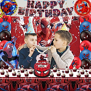 Spider Birthday Party Supplies, Spider Birthday Party Decorations Include Backdrop, Birthday Banner, Hanging Swirls, Spider Balloons, Cupcake Toppers, Tablecloth