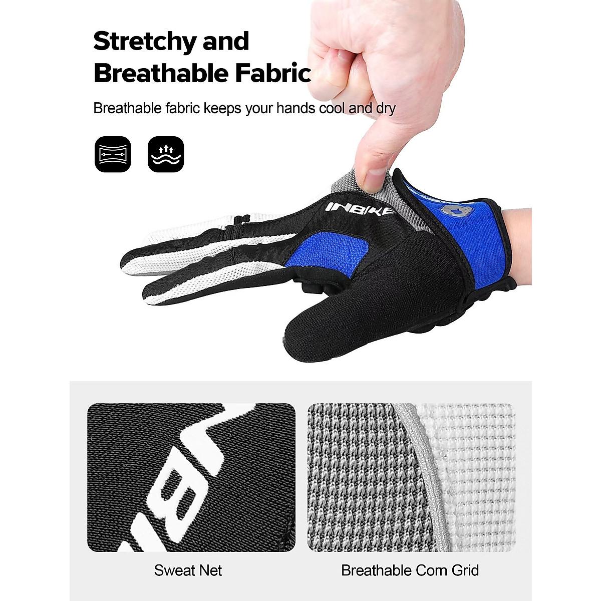 INBIKE 5mm Gel Pad Full Finger Gloves Men for Workout Gym Fitness Outdoor Blue Medium