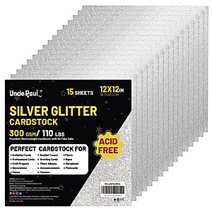 Sliver Glitter Cardstock Paper, 15 Sheets 12" x 12" 300gsm/110Ib Square Colored Card Paper for Crafts DIY Projects Card Making Birthday Wedding Decoration UAP21SR15