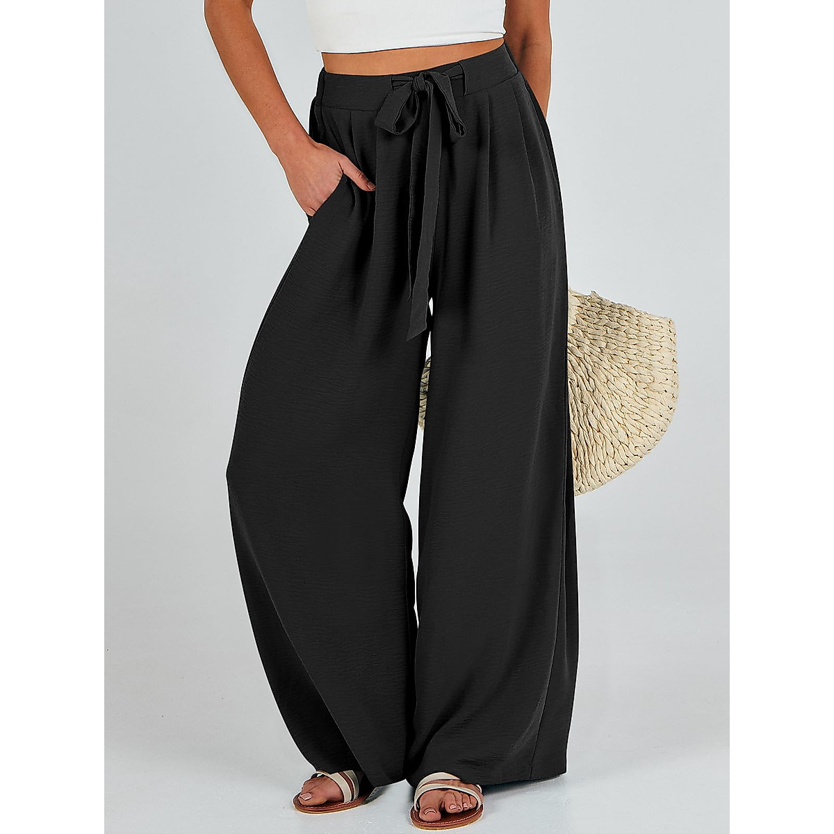 Caracilia Women Wide Leg Palazzo Pants Summer High Waist Flowy Casual Trousers Loose Lounge Beach Travel Vacation Clothes Black Medium