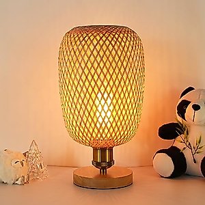 CACCISUN Bedside Table Lamp, Dimmable Rattan Lamp, Woven Table Lamp Boho Bedside Lamp, Handmade Desk Accent Lamp for Living Room End Tables, Kids Room, Bedroom, Dorm Decor
