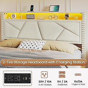 AOGLLATI Queen Bed Frame with Storage Drawers, Charging Station, Upholstered Led Bed Frame Queen Size with Storage Headboard, No Box Spring Needed, Beige