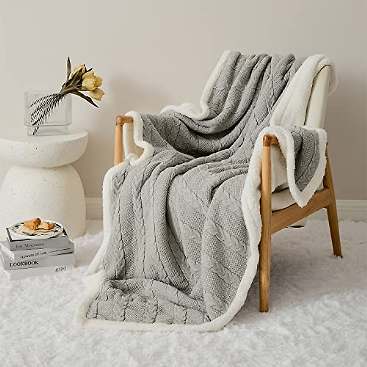 GunziStreet Bed Blanket Throw Solid Pure Cotton Cable Knit Fuzzy Warm Fleece for Couch Chairs Sofa Baby Kids Adult Home Decorative Coverlet All Season (Gary, Throw(51''x63''))