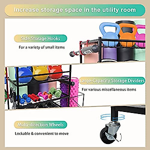 FLIORS Black 4-Tier Storage Shelving Unit with Whelss, Home Gym Storage Rack, Home Gym Workout Equipment Storage Rack, Workout Storage with Wheels and Hooks, Heavy Duty Storage Shelving