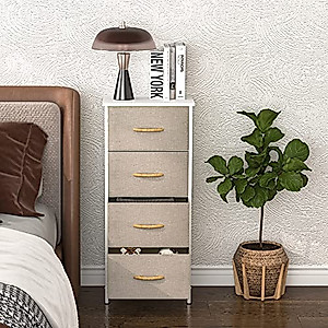 JSungo Dresser Storage Tower with 4 Drawers, Fabric Organizer Unit with Wooden Top for Bedroom, Living Room, Closets, 4 Tier Fabric Shelf with Steel Frame and Handles for Printer, Beige