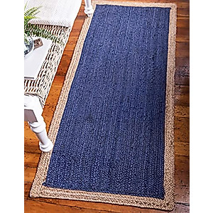 Unique Loom Braided Jute Collection Classic Quality Made Natural Hand Woven with Solid Color Detail, Area Rug, Runner 2' 6" x 6' 0", Navy Blue/Tan
