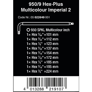 Wera 05022640001 950/9 Hex-Plus Multicolour Imperial 2 L-Key Set, Imperial, BlackLaser, 9 Pieces