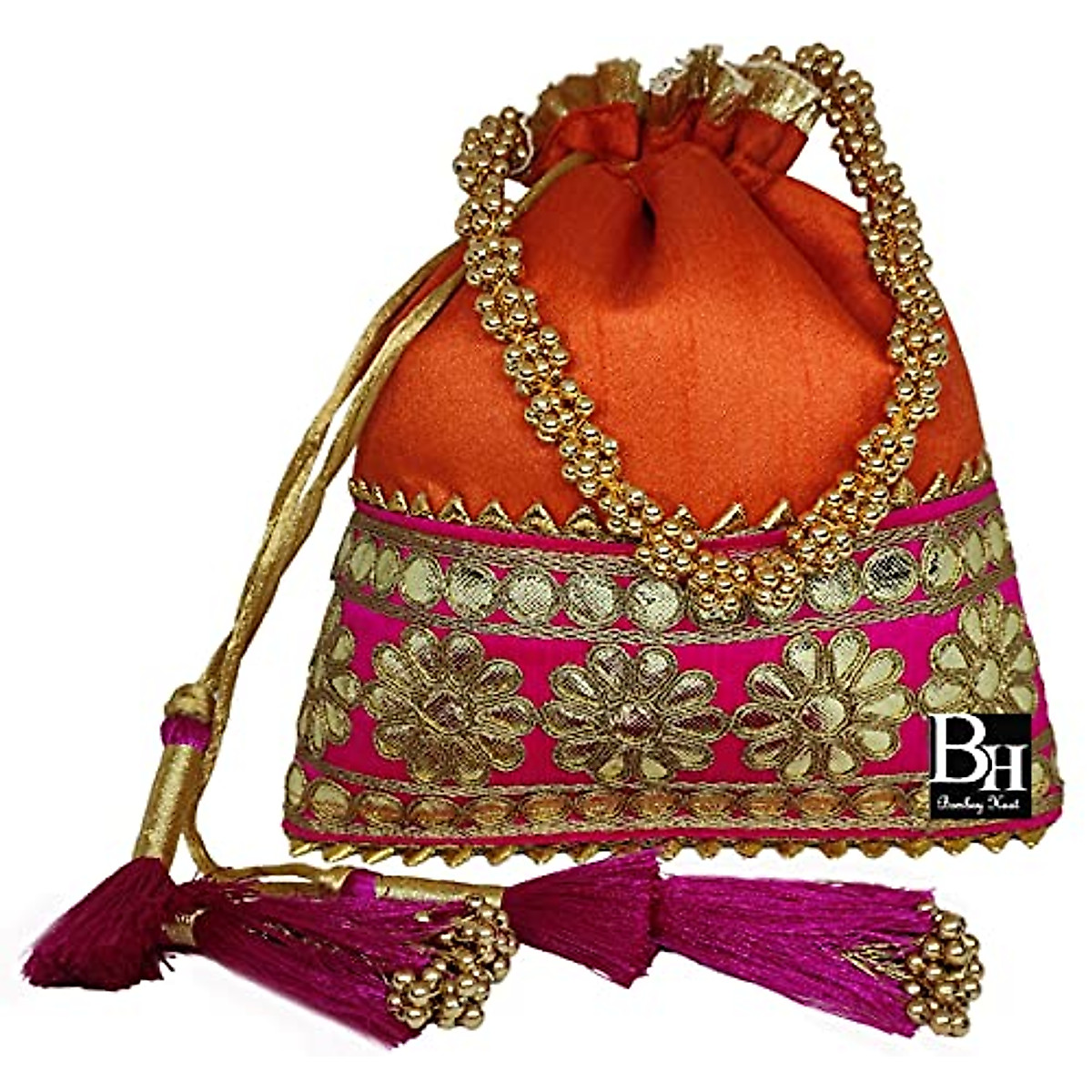 Bombay Haat Ethnic Indian Designer Silk Potli Bag Purse Evening Bag Clutch Purse for Wedding Party Cocktail Prom Gifting (Orange)