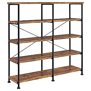 Coaster Analiese Rustic Industrial 60" 4-Shelf Wood Double Bookcase With Black Metal Frame, Brown Nutmeg