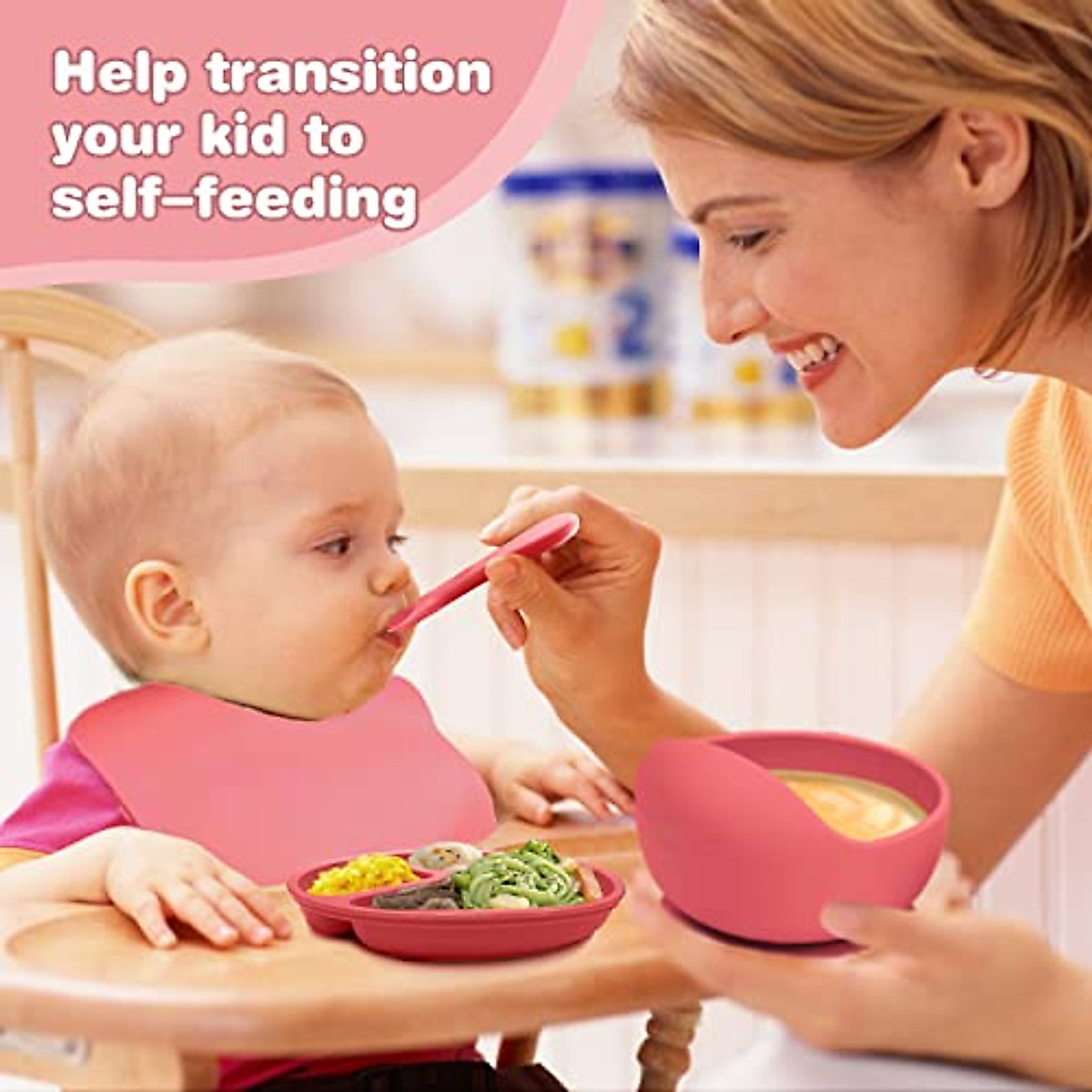 ANAVIL 8 Pack Baby Feeding Set, Silicone Toddlers Weaning Feeding Sippy Cup with Straw and Lid Baby Feeding Supplies Set (8Pack Pink)