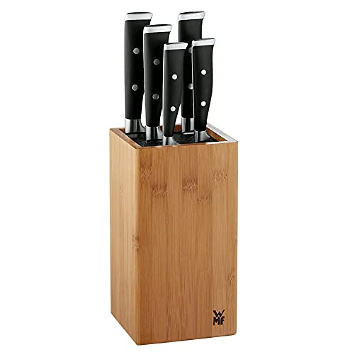 WMF Knife Block with 6 Pieces Grand Class Performance Cut Double Serrated Blade Made in Germany Forged Special Blade Steel - Stainless Steel Rivets Plastic Handles Knife Block of Bamboo