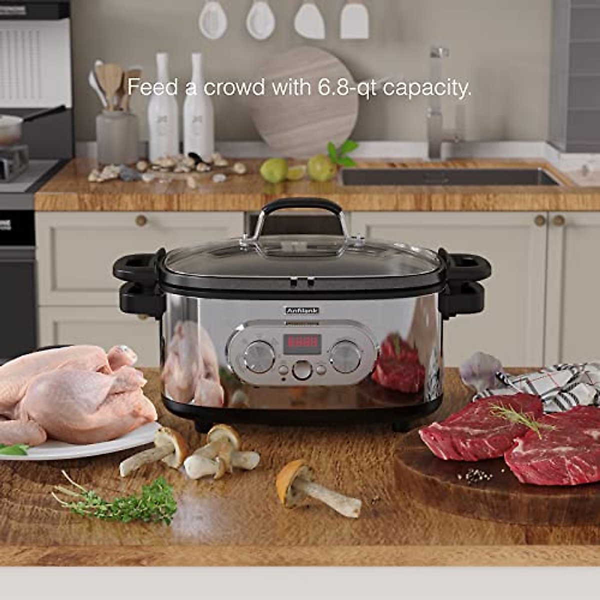 Anfilank 8-in-1 Multi-Cooker, Programmable 6.8 Quart Slow Cooker, Presets to Sous Vide, Bake, Sauté, Cook Rice & More; with Sous Vide Rack, Steam Rack, Slotted Spoon and Glass Lid, Adjustable Temp&Time for Slow Cook with LED Display