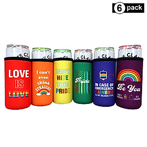 Gay Pride Stuff LGBTQ Coolies - Pride Accessories for Parade, Pride Wedding Favors, Coming Out Party Gift, Rainbow Gay Flag Merch, 12 oz Tall Skinny Can Coolie Insulated Sleeve, Proud Slim Can Cooler
