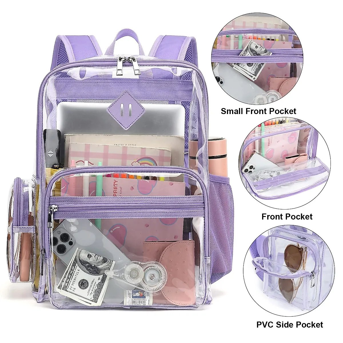 Fuyicat Heavy Duty Clear Backpack for Girls Boys Women Men, PVC Transparent School Backpacks See Through College Bookbag (Purple)