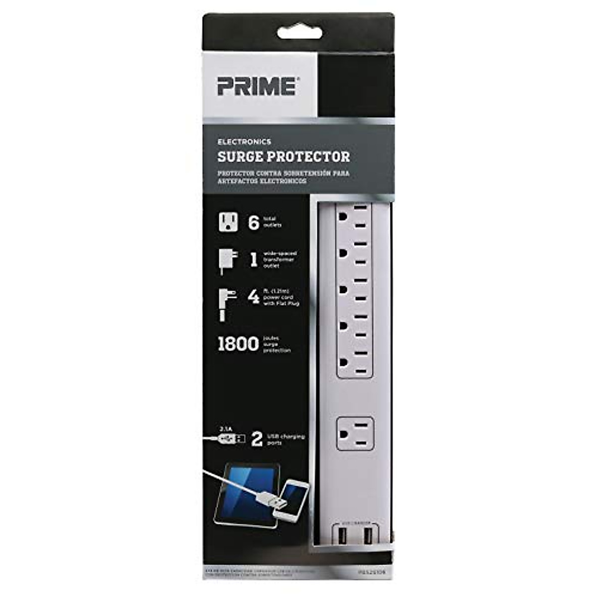 Prime Wire & Cable PB525106 6-Outlet Electronics Surge Protector with 14/3 SJT 4-Feet Cord and USB Charger, White