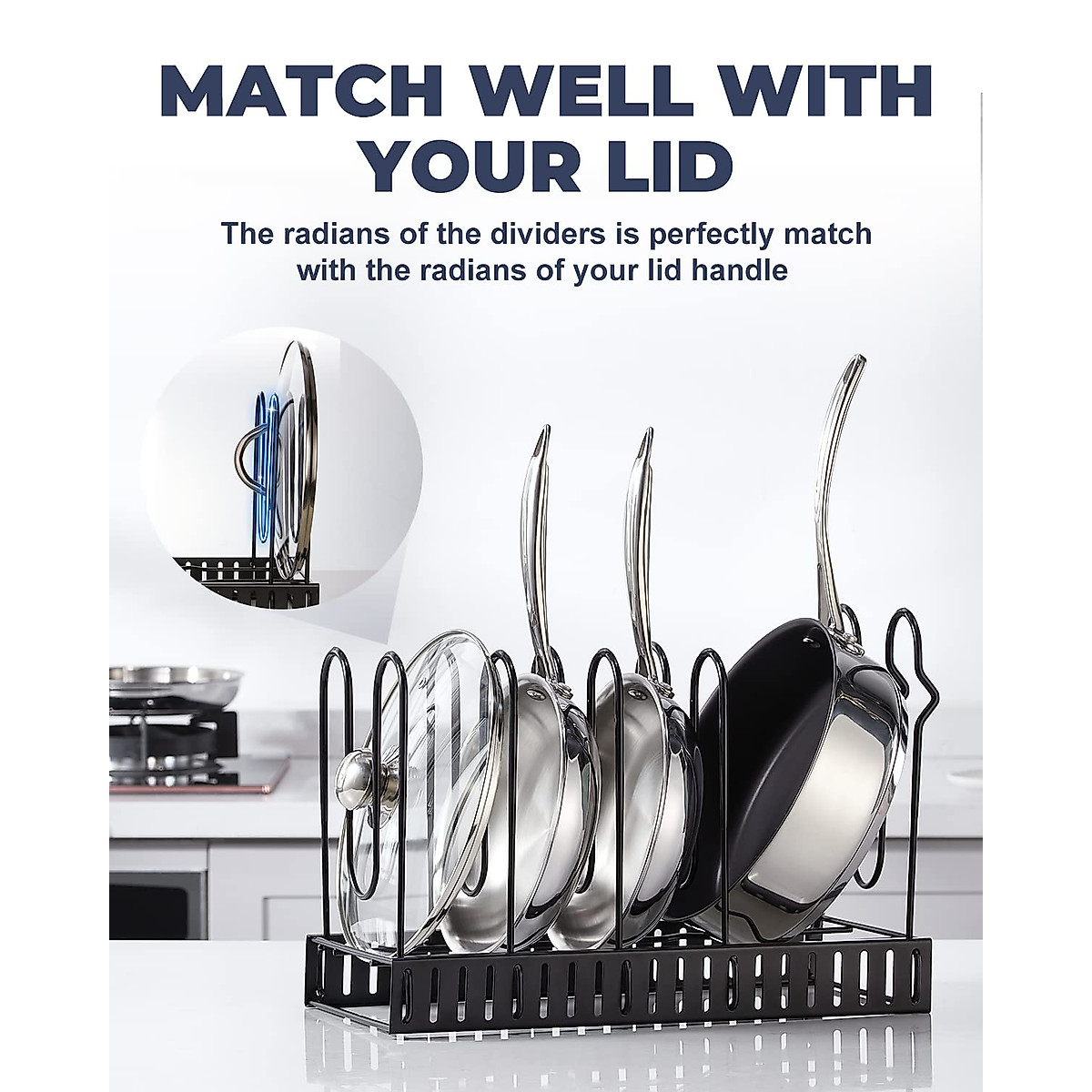 BRONYPRO Adjustable Pots and Pans Organizer for Kitchen Cabinet, Rustproof Storage Organizer Rack for Heavy Pots Pans with 8 Slots, for Skillets, Frying Pan, Pot Lids, Kitchen Must Have (Black)