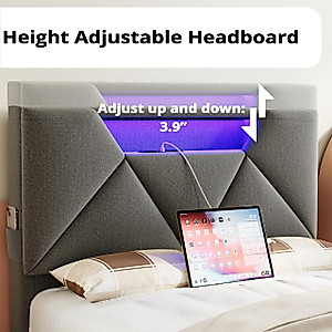 ANCTOR Twin Bed Frame with Storage Headboard and Charging Station, LED Lights Upholstered Platform Bed, Heavy Duty Steel Support Legs, Easy Assembly, Noise Free, Grey