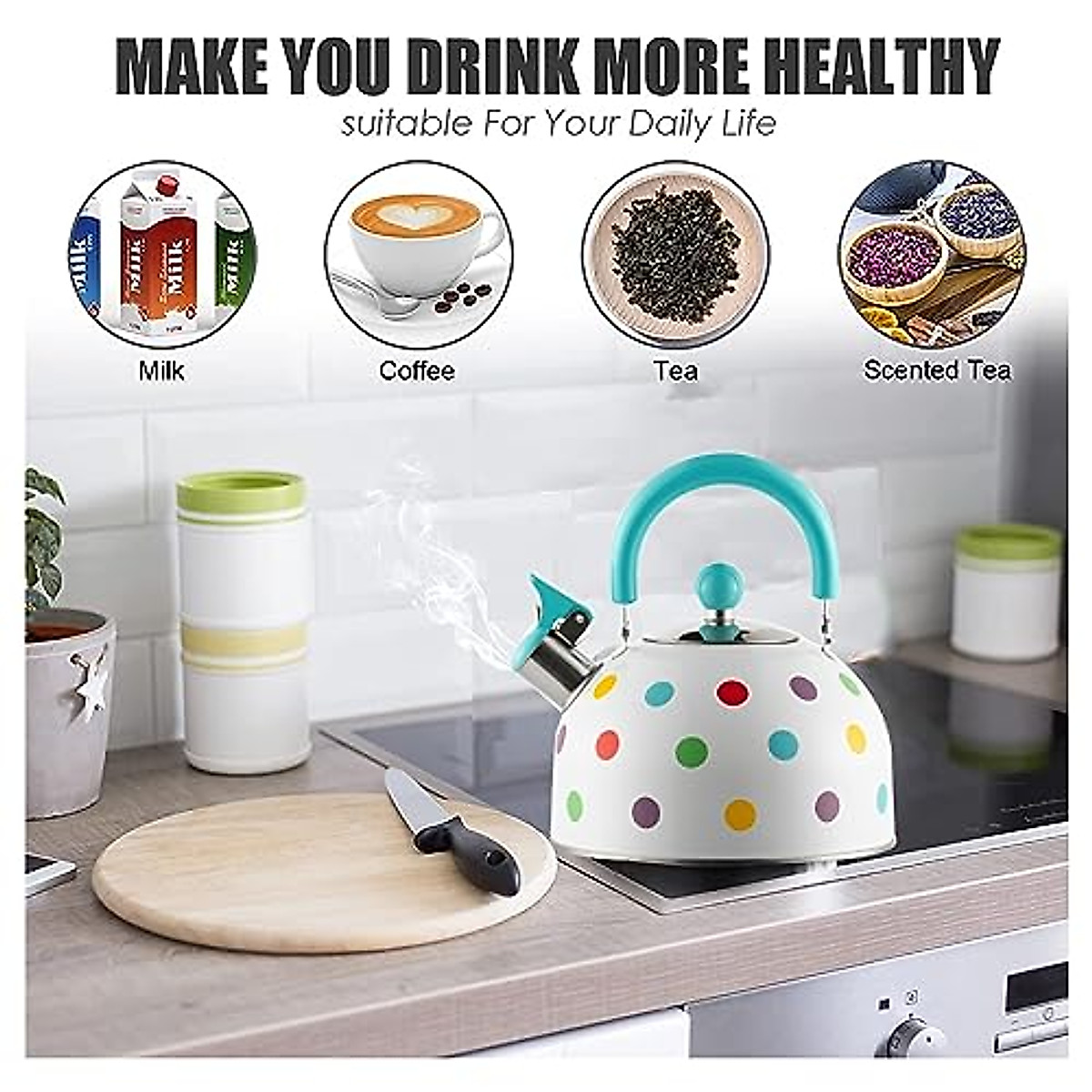 2.5L Whistling Tea Kettle Universal Base,Food Grade Stainless Steel Teapot with Cool wooden Grip Ergonomic Handle Loud Whistle▂19 * 23cm/7.48"*9.06"