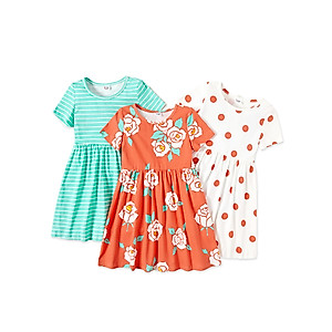 PATPAT Toddler Girl Floral Skater Multipack Dresses 3-Pack Polka Dots Short Sleeve Priness A-line Dress 5-6 Years