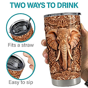 SANDJEST Personalized Elephant Wood Drawing Tumbler 20oz 30oz Insulated Tumblers with Lid Coffee Travel Mug Cup for Men Women Gift for Birthday