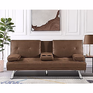 Convertible Folding Futon Sofa Bed with Metal Legs & 2 Cupholders, Modern Fabric Linen Upholstered Couch Loveseat Sleeper, Folding Couches Bed, Removable Armrests for for Small Spaces (Coffee)