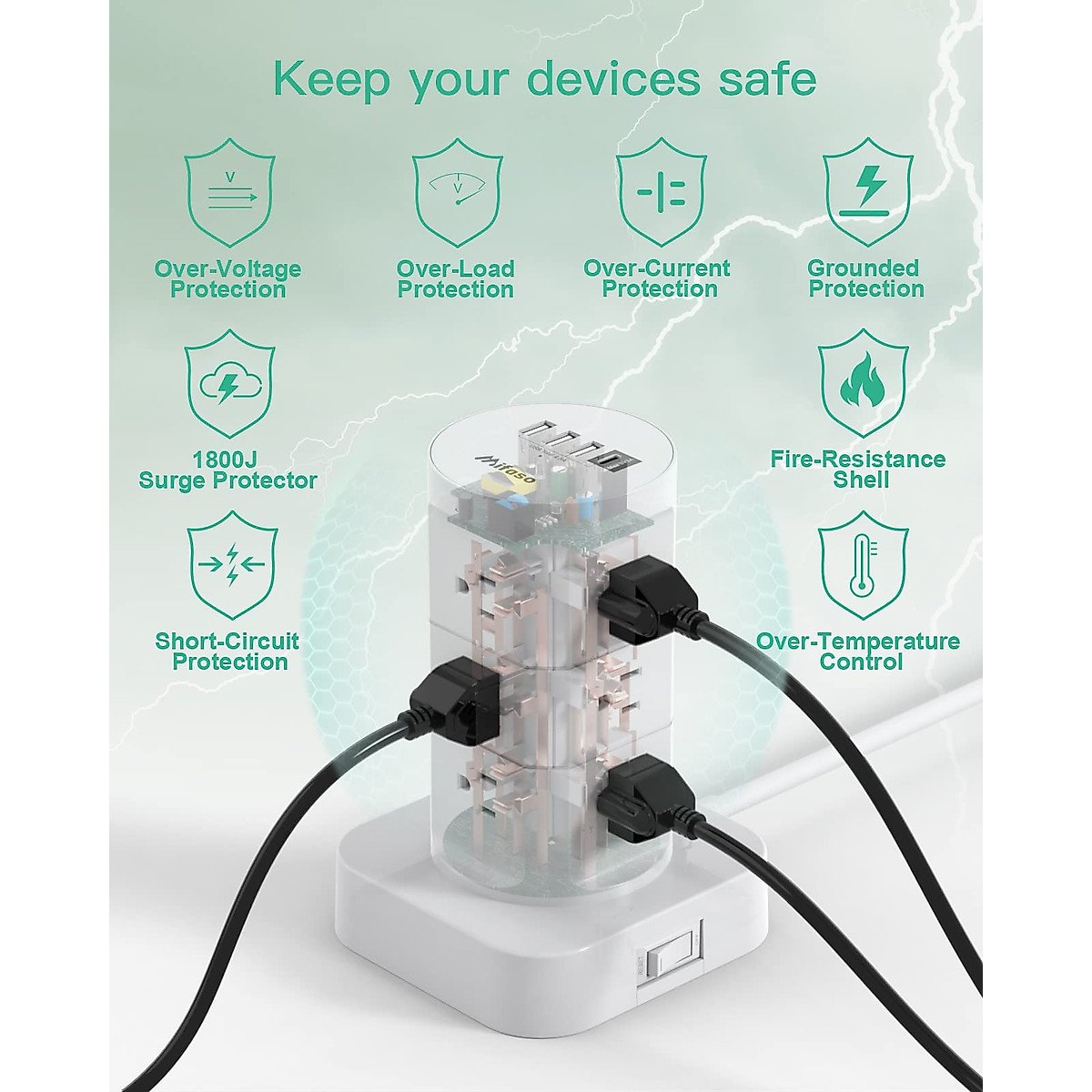 Surge Protector Power Strip Tower - 12 Widely Outlets with 4 USB Ports (1 USB C), 6FT Heavy Duty Extension Cord, Flat Multi Plug Outlet Extender Overload Protection for Home Office