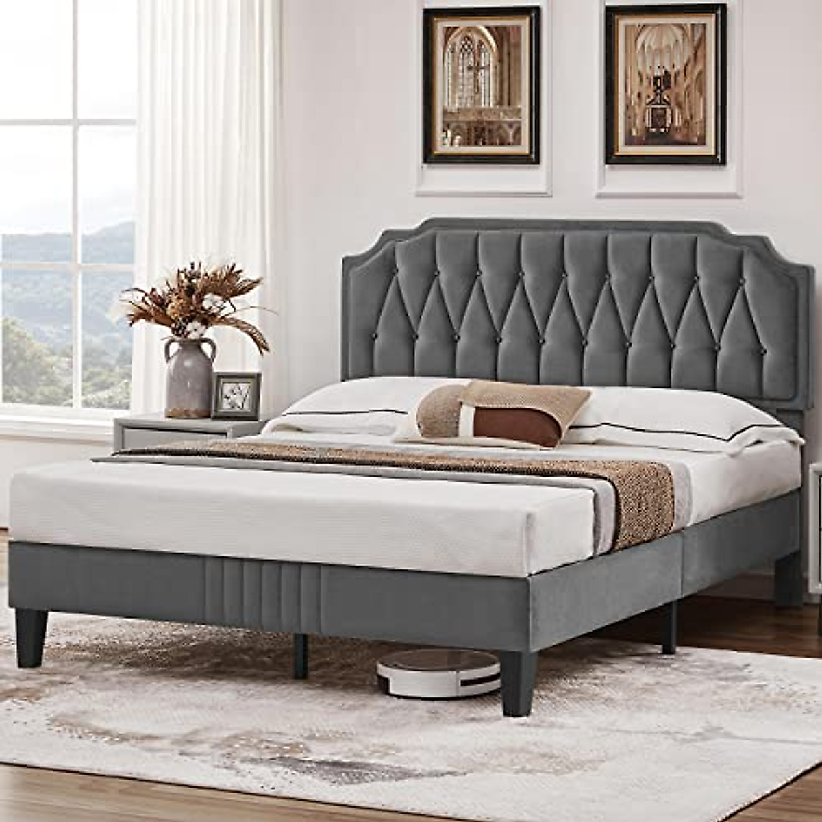 Yaheetech Queen Bed Frame Velvet Upholstered Platform Bed with Curved Headboard, Height-Adjustable Headboard/Noise-Free/Wooden Slats Support/No Box Spring Needed/Easy Assembly, Dark Gray Queen Bed