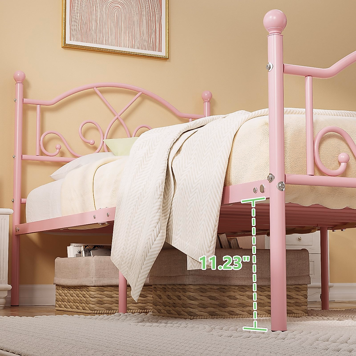 Weehom Twin Bed Frames, Modern Twin Size Metal Bed Frames for Kids Girls, No Box-Spring Needed Twin Platform Bed Frame with Unique Headboard and Footboard, 11.23 Inches Storage Space - Pink