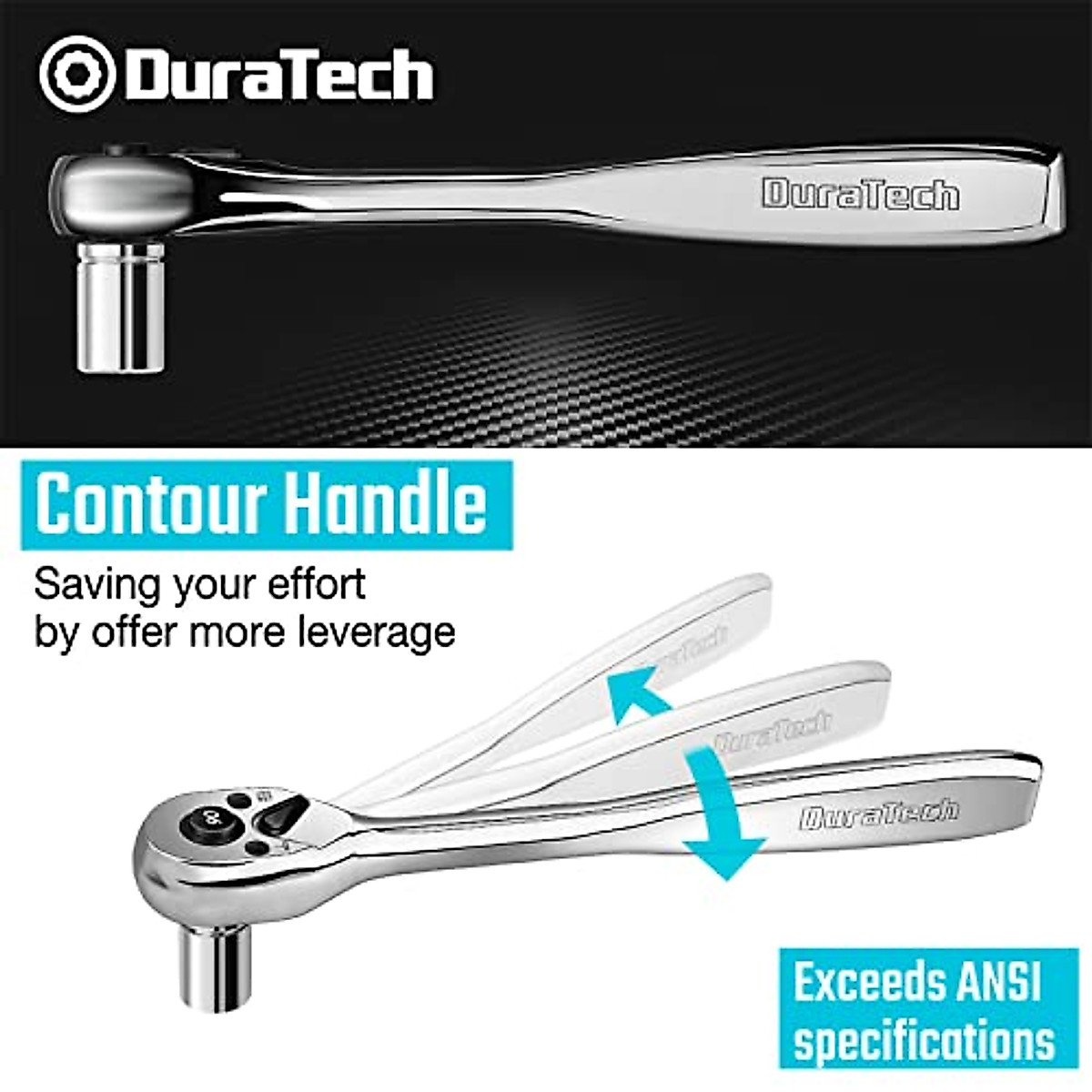 DURATECH 3-Piece Ratchet Set, 1/4", 3/8", 1/2" Drive, 90-Tooth, Quick-release, Contour Handle Designed for Better Grip, Alloy Steel, Organized in Plastic Tray