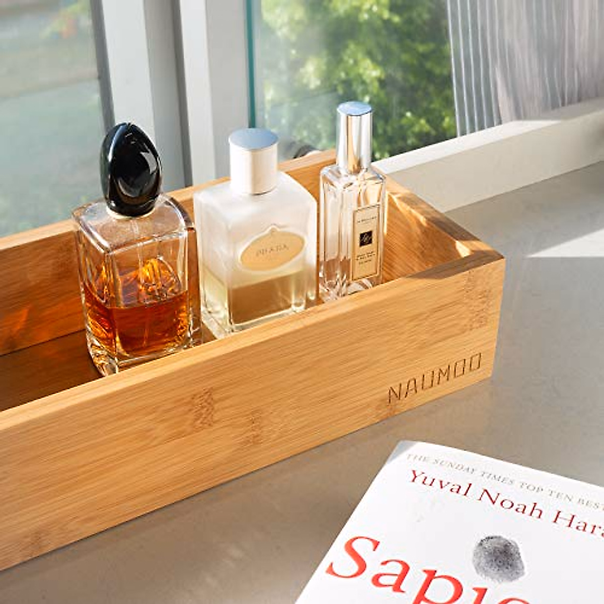 NAUMOO Natural Bamboo Bathroom Tray - Slip-Resistant Wooden Basket for Toilet Tank Top and Counter - Home Decor Wood Box for Toilet Paper Storage - Towel Holder for Guest