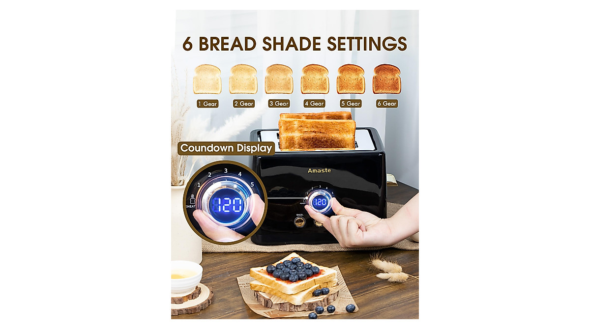 Retro 2 Slice Toaster with LED Timer & Wide Slots | Amaste