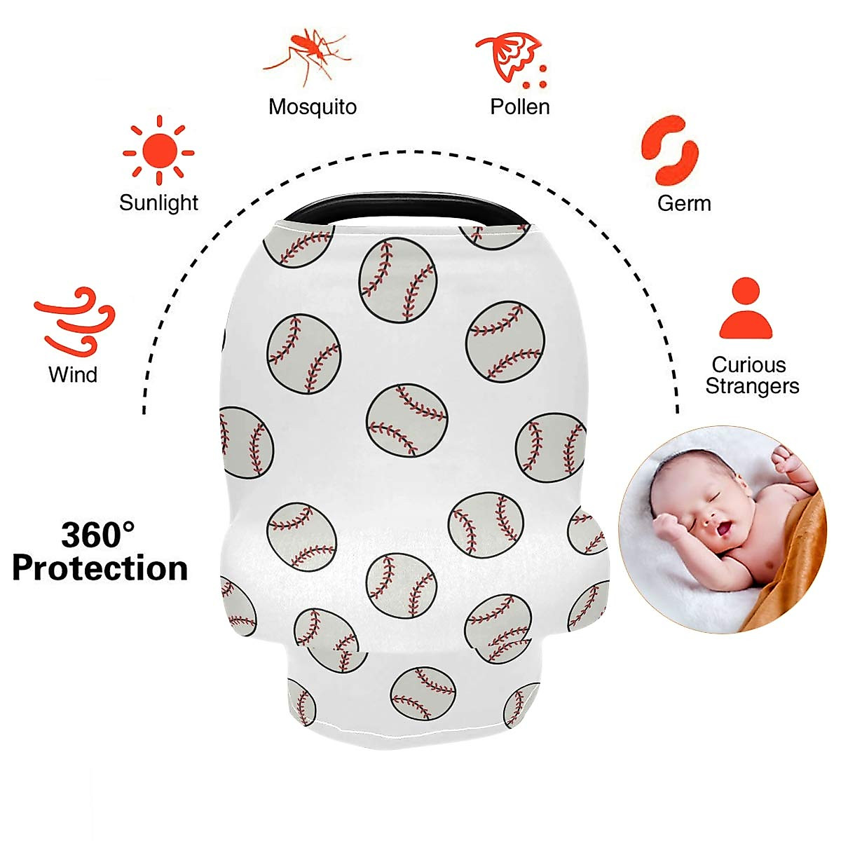Baby Carseat Cover Canopy Breastfeeding Cover - Doodle Baseball Pattern Nursing Scarf Blanket Breathable Baby Boy Stroller Cover Baby Shower Gifts for Girl Boy