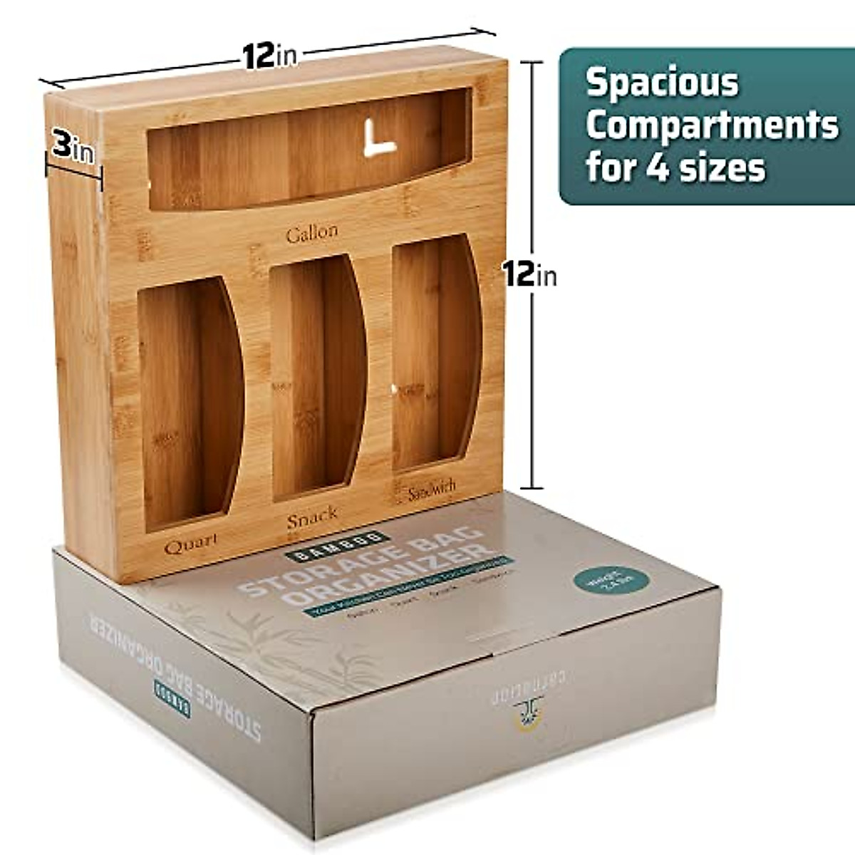 Carnation Brands Bamboo Ziplock Bag Organizer for Drawer - Rustic Brown Dispenser Kitchen Organization Pre-Assembled Baggie Storage to Minimize Clutter 12-''x12-''x3-''