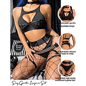 Avidlove Sexy Lingerie Set for Women with Underwire Bondaged Lingerie Set Strappy Push Up 5 Piece Garter Lingerie Set(No Stockings) Black