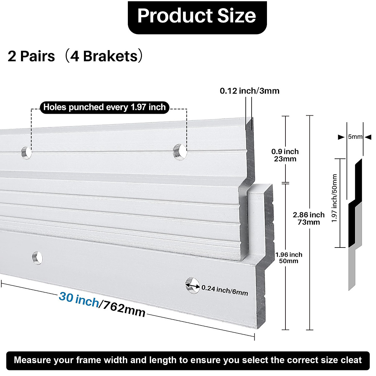 2-Pairs Heavy Duty 30-inch Aluminum French Cleat Hanger, Z Bar Clips Mount for Mirror and Picture, 200-Pound Max Load Secure Wall Mounting Interlocking Brackets Z-Hangers, Hardware Include