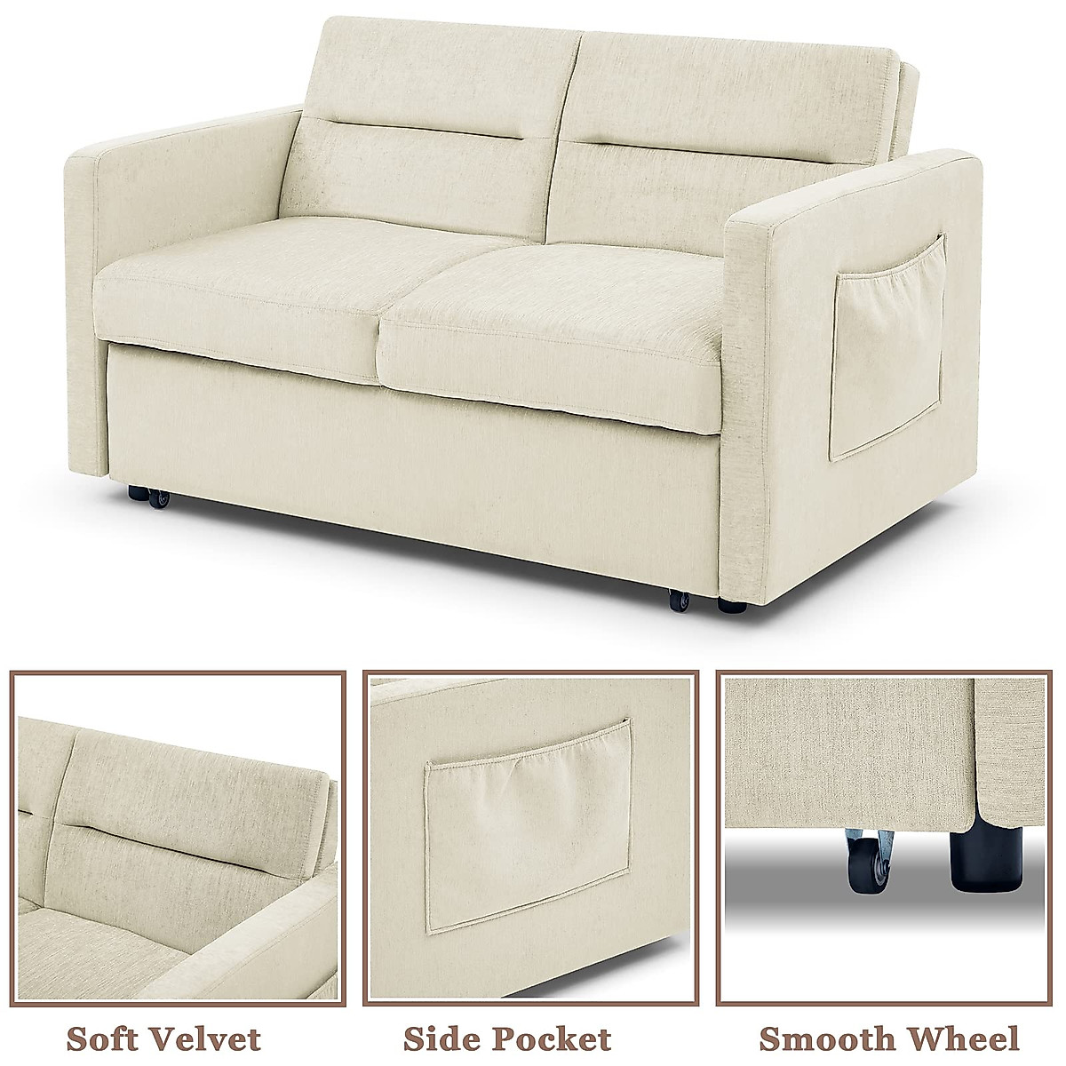 Antetek 3 in 1 Convertible Sleeper Sofa Bed, 54.5-inch Modern Loveseat Couch with Pull-Out Bed, Small Love seat Sofa Bed with Reclining Backrest & Side Pocket for Living Room, Beige