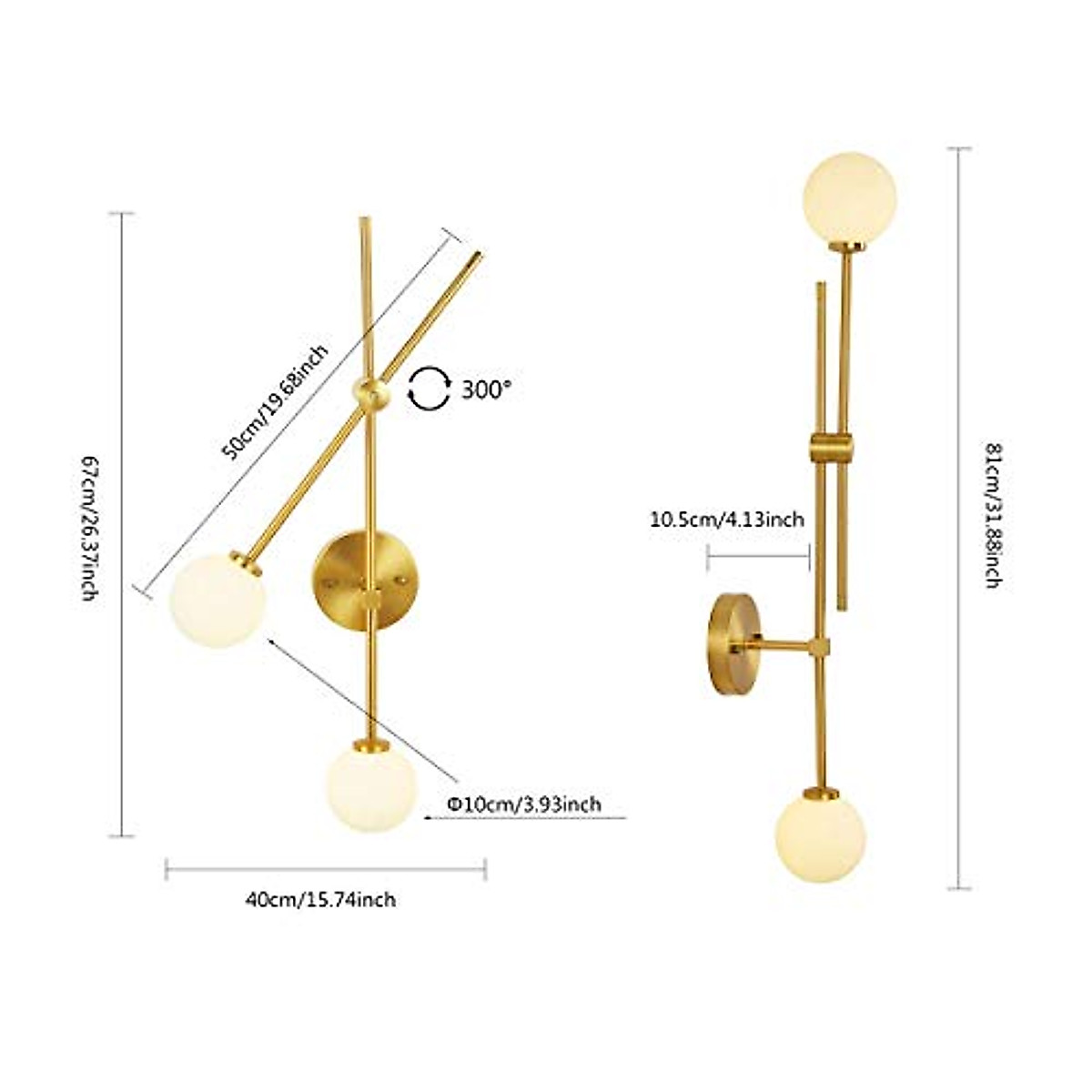 BAODEN Modern 2 Lights Globe Wall Sconce Industrial Wall Lamp with G4 Bulb Mid Century Rotatable Light Fixture Brushed Brass Finished with White Globe Glass Lampshade (Gold Color)
