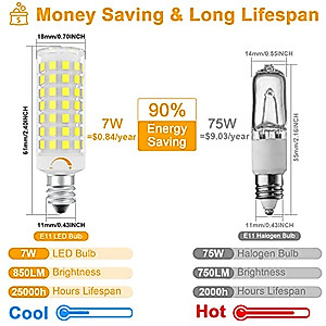 DUMILOO E11 Led Bulb Dimmable, 75 Watt Halogen Equivalent, 7W Daylight White 6000K, T4 Mini Candelabra Base, JDE11 120V 75W for Ceiling Fans, Chandeliers, Cabinet Lighting, Pack of 4