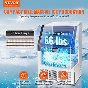 VEVOR Commercial Ice Maker, 200lbs/24H, Ice Maker Machine, 90 Ice Cubes in 12-15 Minutes, Freestanding Cabinet Ice Maker with 66lbs Storage Capacity LED Digital Display, for Bar Home Office Restaurant