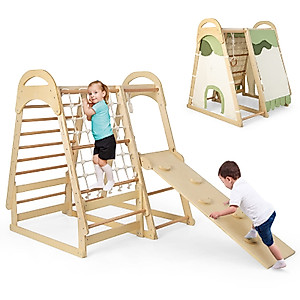 GLACER 6-in-1 Kids Indoor Playground, Wooden Climbing Toys Playset w/Slide, Money Bars, Gymnastics Rings, Climbing Net, Climbing Ladder & Tent, Indoor Jungle Gym for Toddlers Over 1 Year Old