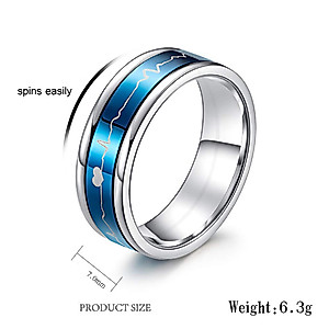 HIJONES Unisex 7MM Love ECG Heartbeat Spinner Ring Stainless Steel Wedding Promise Band Blue Size 8