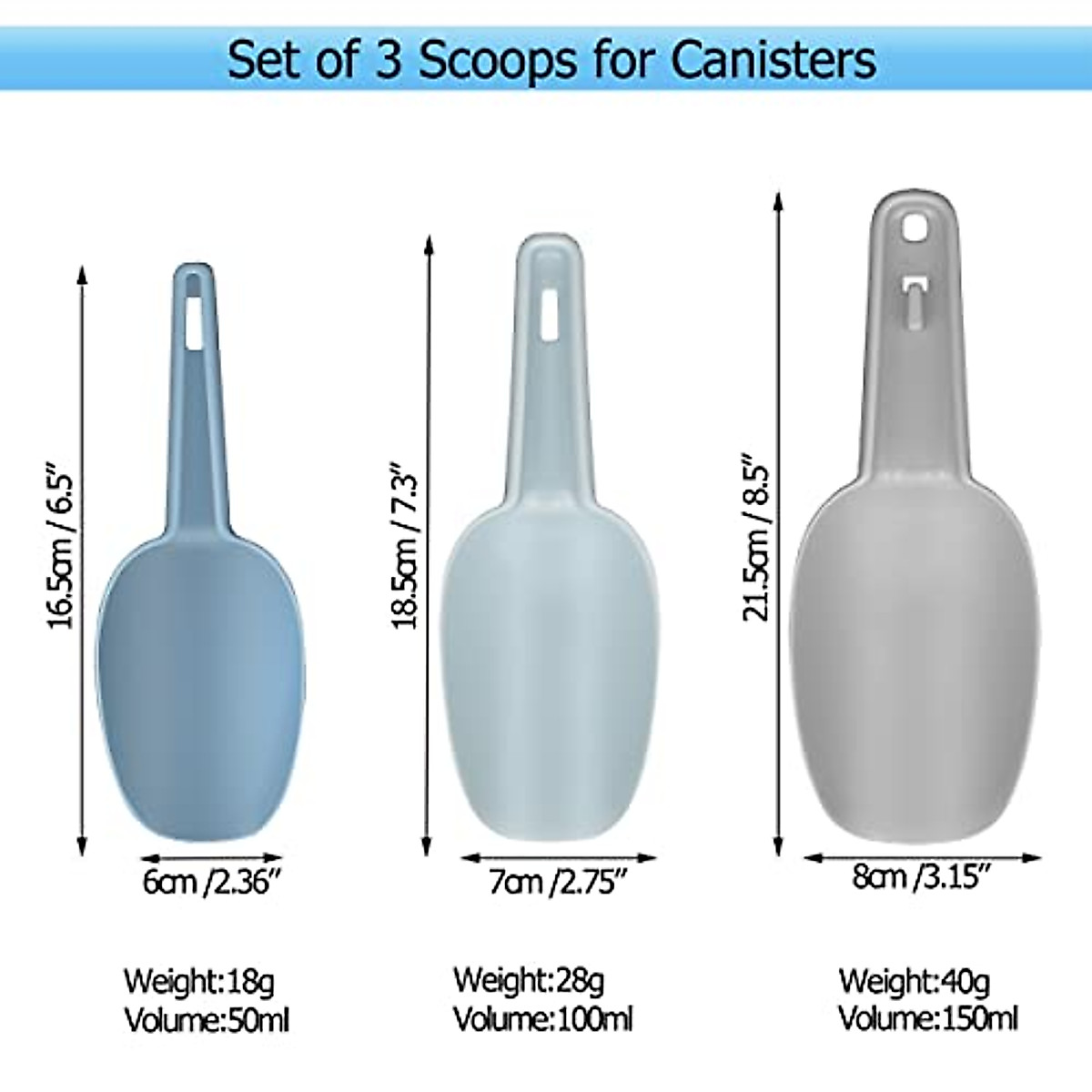 Flour Scoop Set of 3, Set of Scoops for Canisters, Ice Scoop Popcorn Scoop Pet Food Scoop Plastic Scoops for Dry Goods Coffee Beans Candy, 1.7/3.4/5.1 oz…